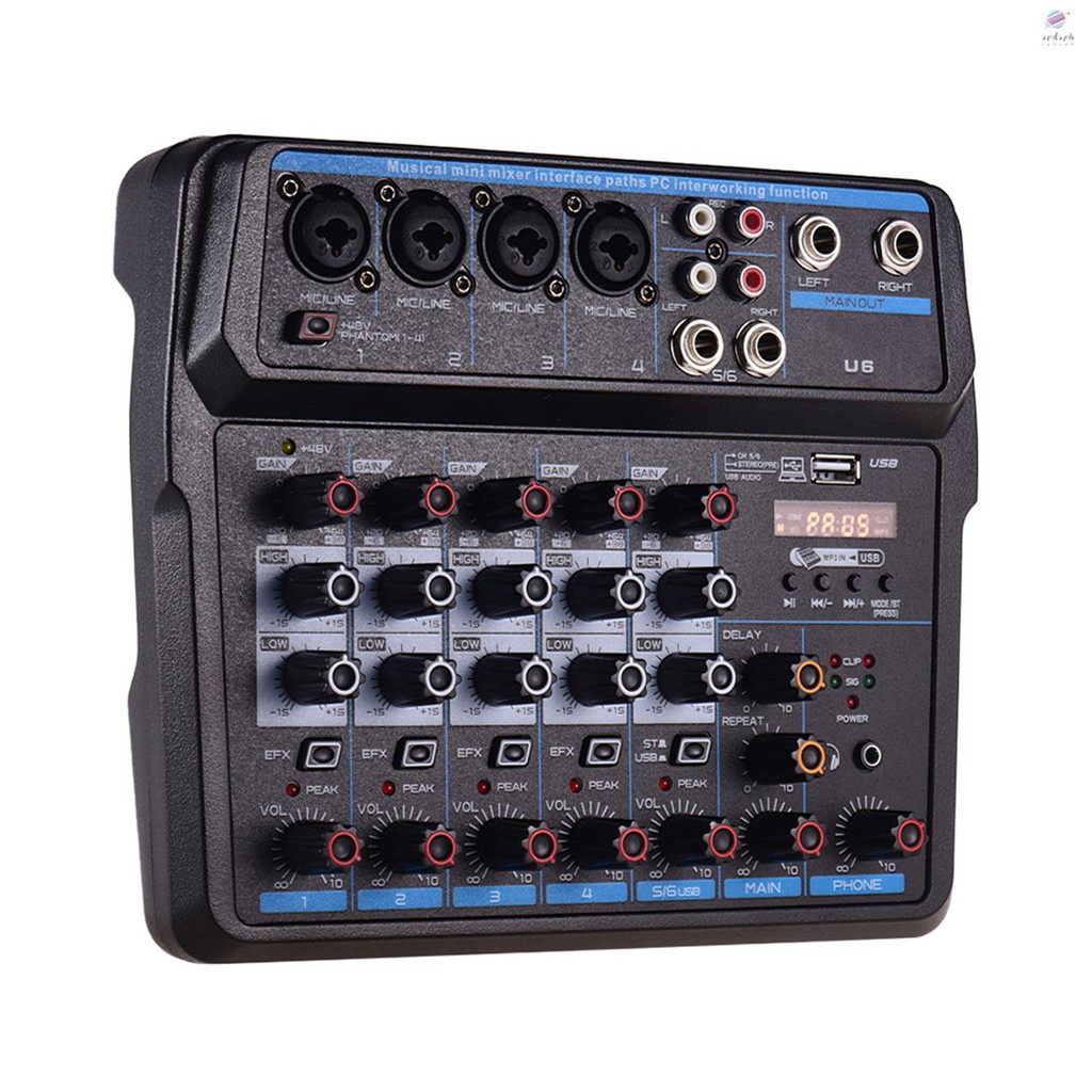 U6 Musical Mini Mixer 6 Channels Audio Mixers BT USB Mixing Console ...
