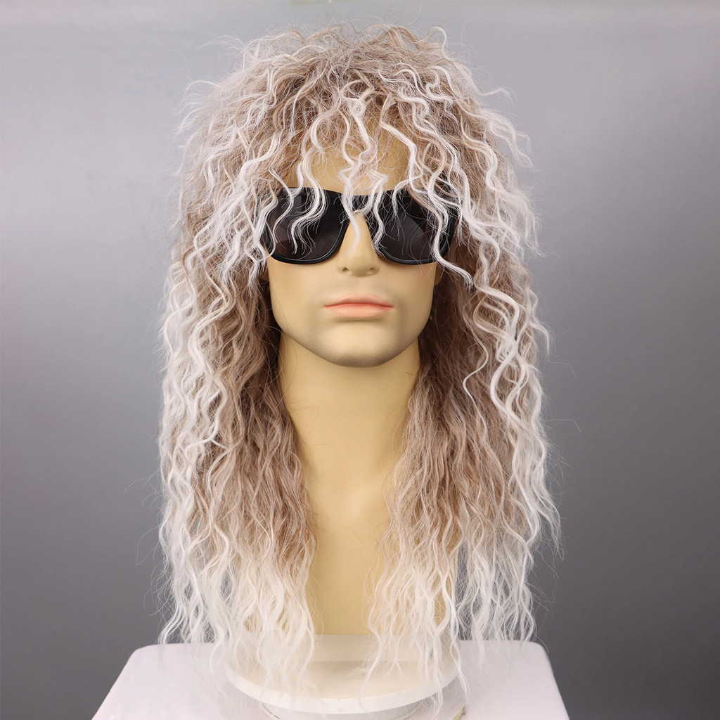 80s Rocker Synthetic Wigs for Men Mullet Wig Long Curly Hair Wig Kiss ...