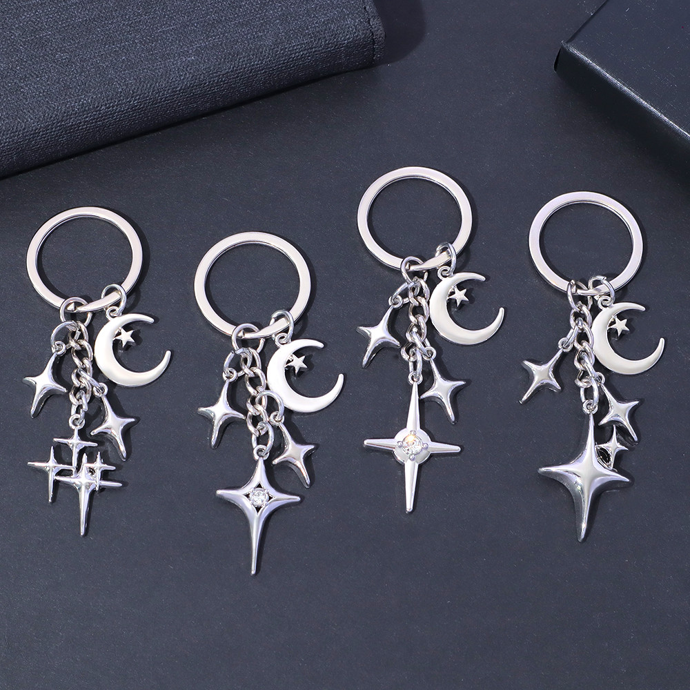 New Metal Crescent Moon Keychain Rhinestone Stars Keyring Backpack Car ...
