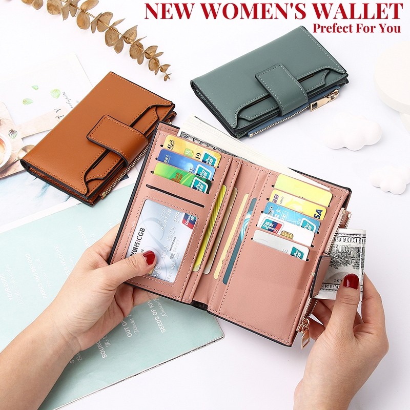 High-end elegant Leather Women's Short Bifold Wallets Multi-card Zip ...