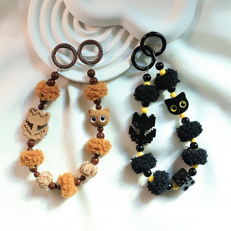Creative Cartoon Flocking Cat Phone Chain Handmade Beaded Accessories ...