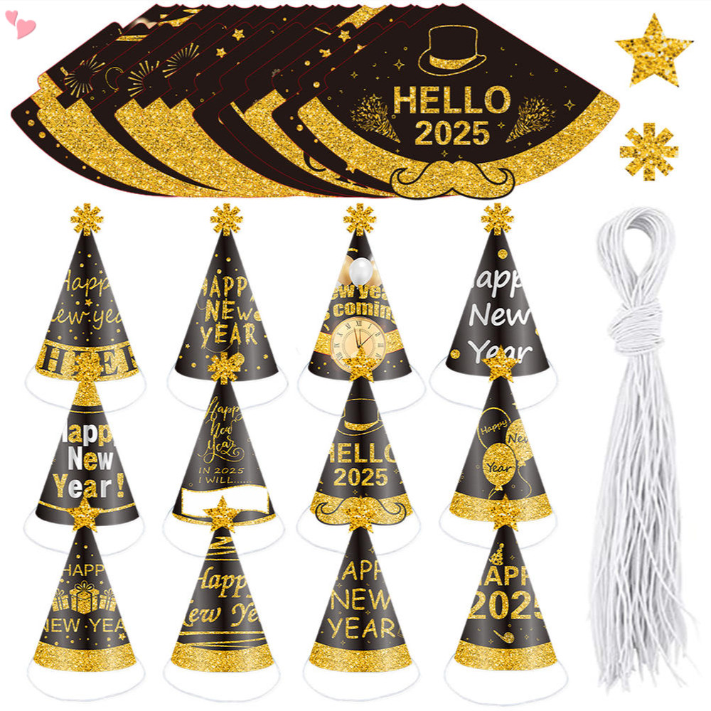 6pcs Happy 2025 New Year Paper Hats Eve Letters Black and Gold Party ...