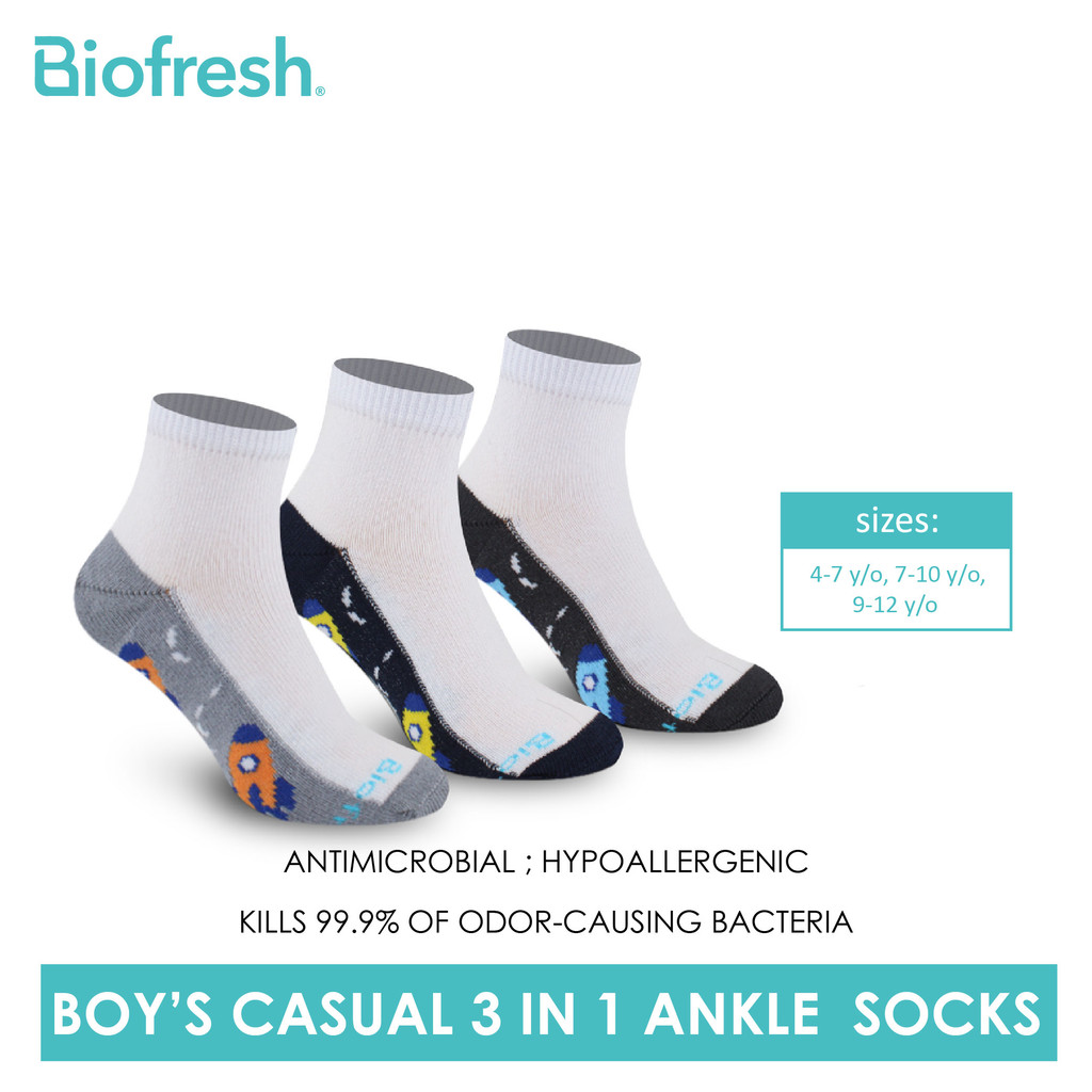 Biofresh Boys’ Antimicrobial Cotton Lite Thin Casual Ankle Socks 3 ...