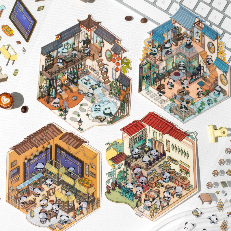 ENWEI 3 Pcs [Panda Hut Series] Cute Journal Stickers Waterproof Sticker ...