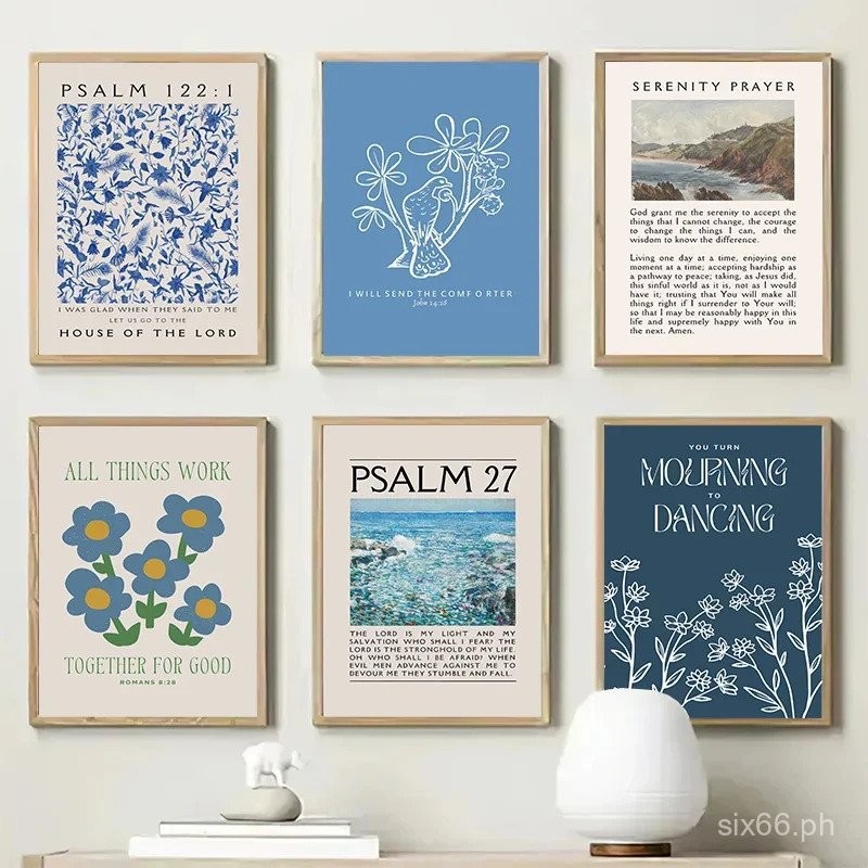 Vintage Blue Bible Verses Wall Art Poster Print Floral Paintings for ...