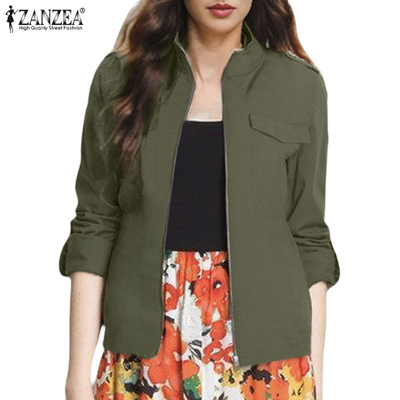 ZANZEA Women Vintage Casual Stand Collar Solid Color Zipper Long ...