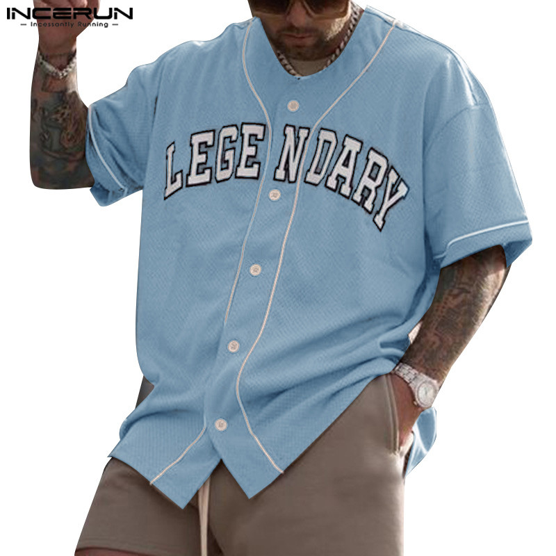 INCERUN Men Vintage Letter Print Casual V-Neck Short Sleeve T-Shirts ...