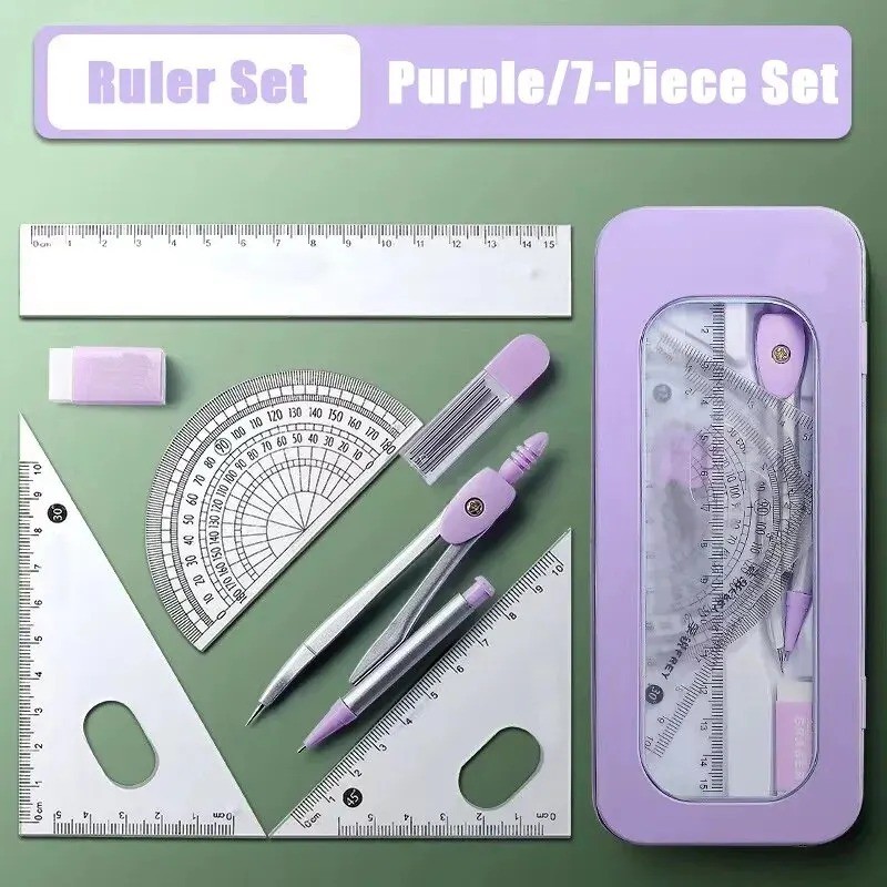 7pcs Ruler Set Drawing Compass Math Multifunctional Ruler Triangle ...
