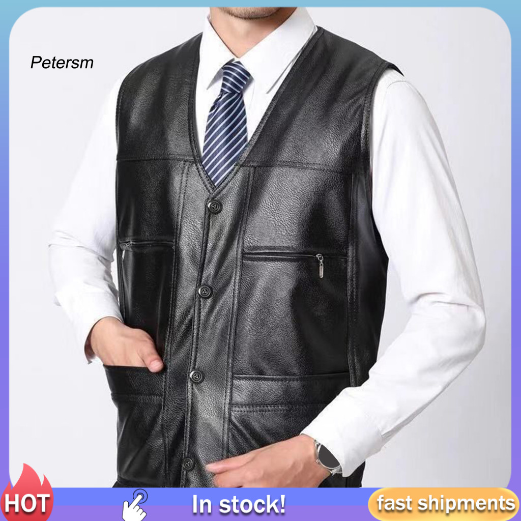 PP Men Faux Leather Vest Father Winter Waistcoat Men's Winter Vest with ...