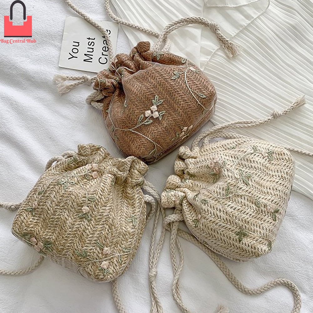 Drawstring Straw Woven Bucket Bag Lace Embroidered Flowers Shoulder ...