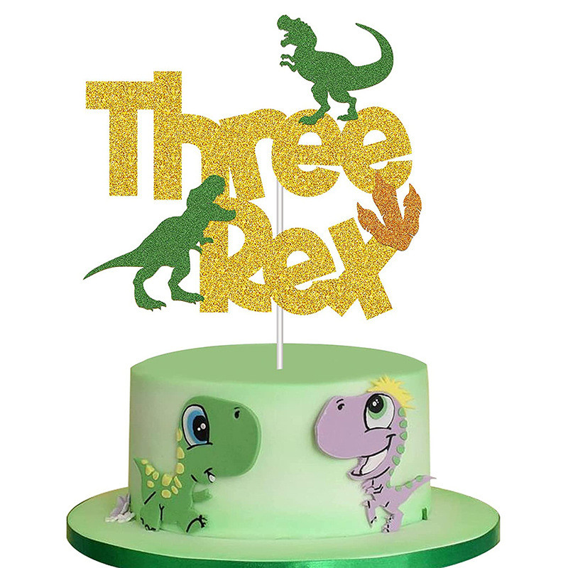 1pc Dinosaur 3rd Rex Happy Birthday Cake Topper Glitter T-Rex Third 3rd ...