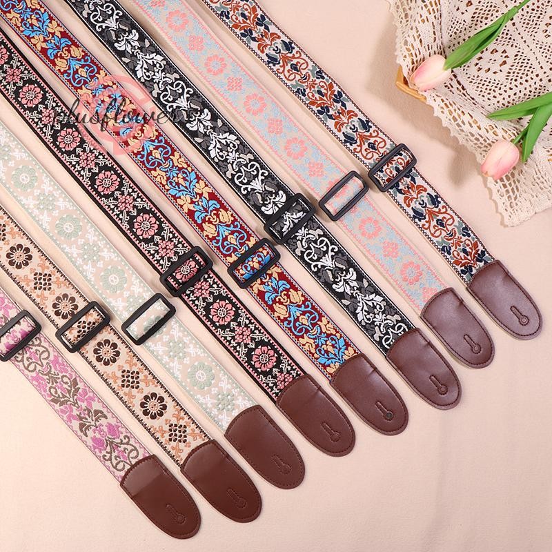Guitar Strap Bass Cotton Leather Embroidery Straps Adjustable Neck ...