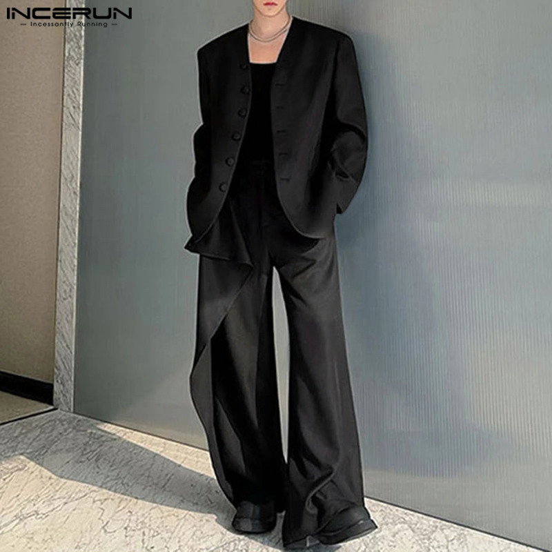 INCERUN Men Korean Casual Solid Color Long Sleeve Loose Two Piece Suits ...