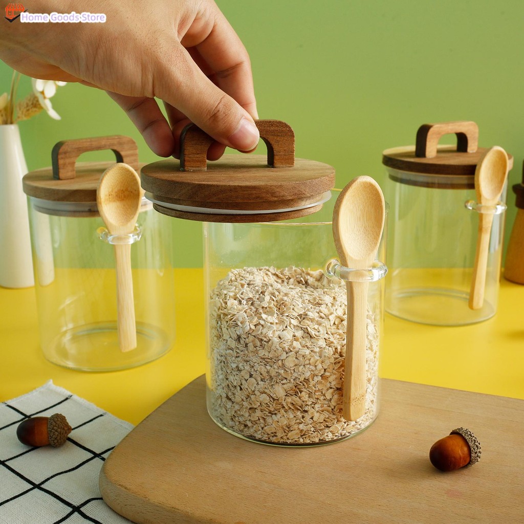 3Pcs Glass Food Storage Jars with Bamboo Lid and Spoon 800ml Airtight ...