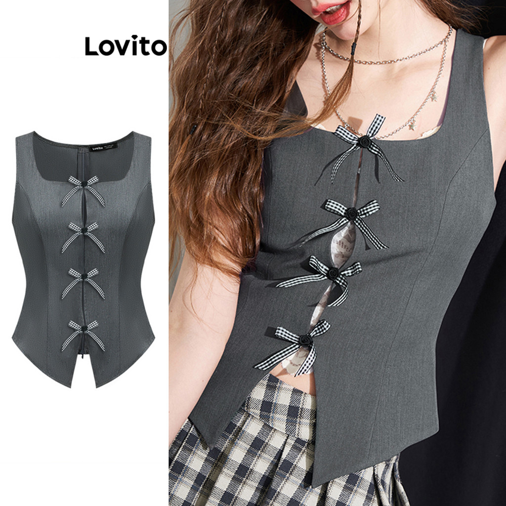 Lovito Women Vintage Plain Bow Cut Out Zipper Tank Top L110AD536 ...