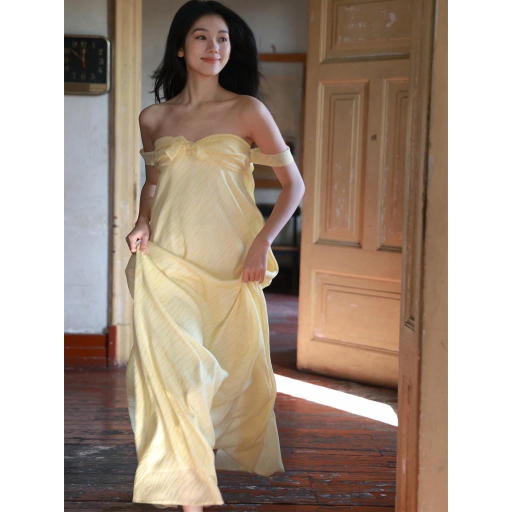 In march | Yellow Chiffon Tube Top Long Dress Summer Beach Vacation ...