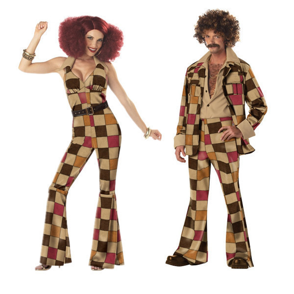 Bar singer performance outfit, retro men's and women's denim checkered ...