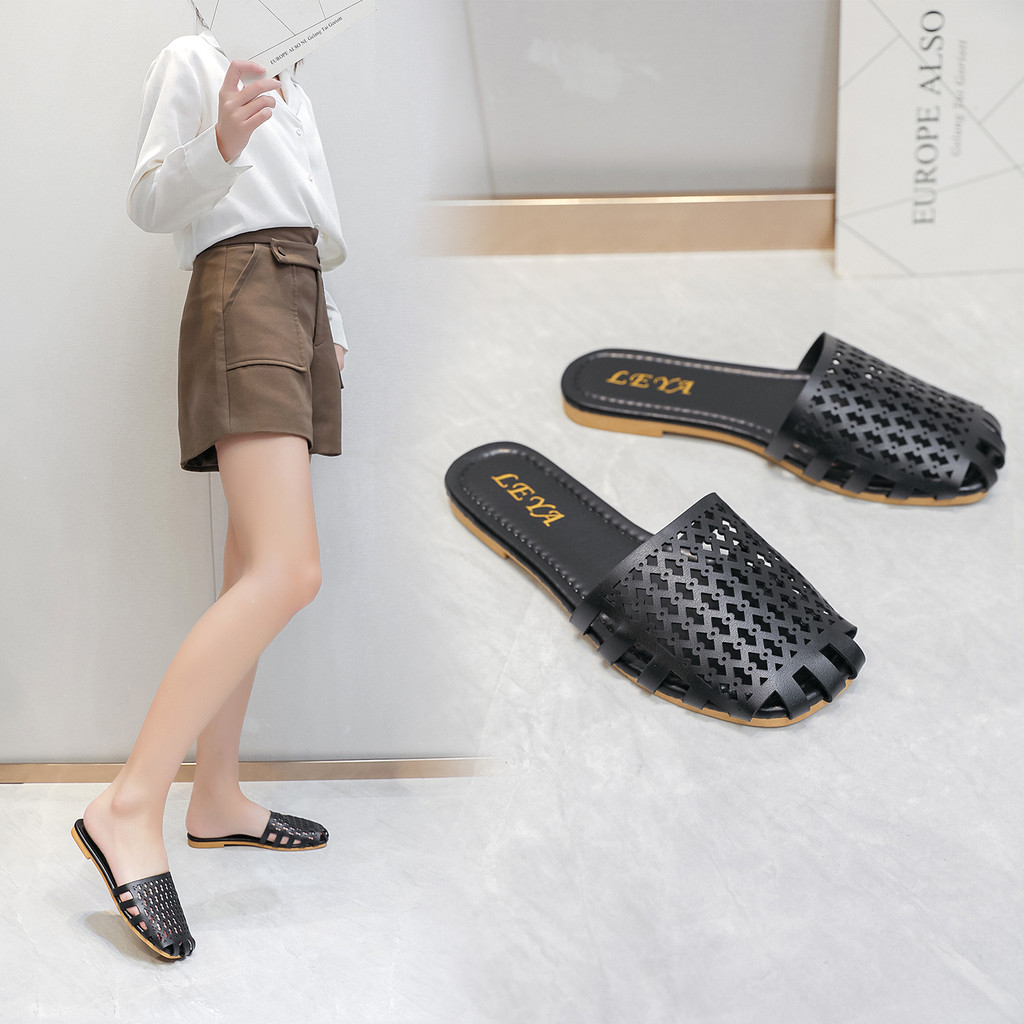 Leya new net infrared wear continuously empty half pack flat slippers ...