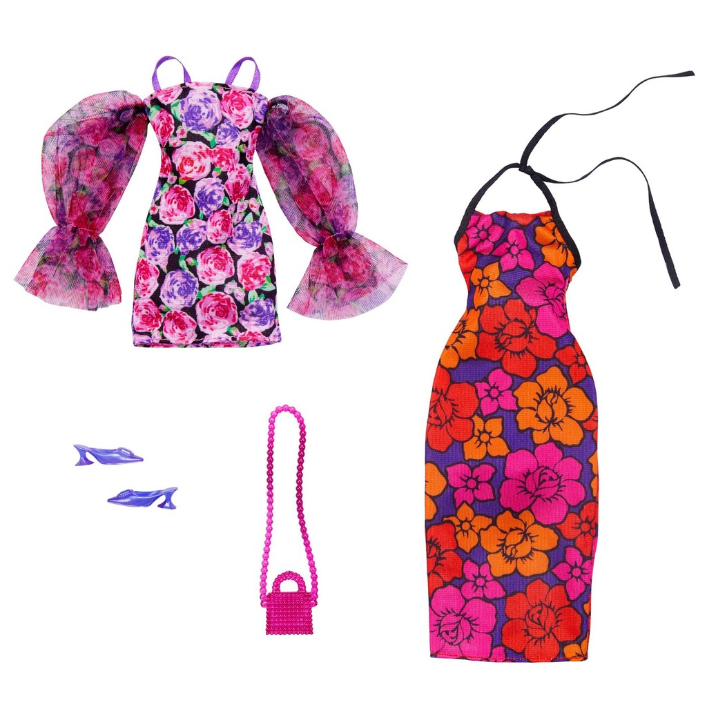 Barbie Fashion 2 Pack Floral Puff Sleeve and Dress Set Barbie Doll ...