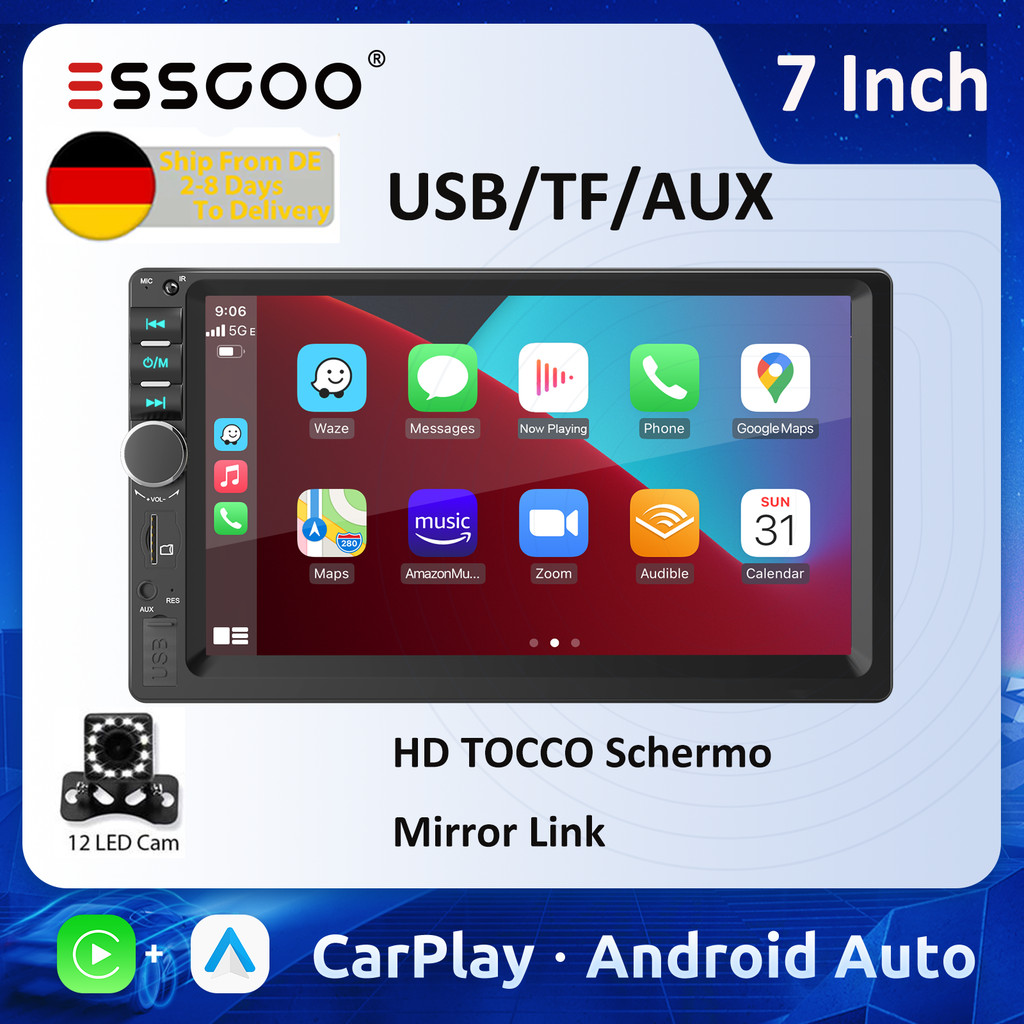 ESSGOO 7 Inch Car Stereo Radio Wireless Apple Carplay Android Auto 2 DIN AUX FM Bluetooth USB TF ...