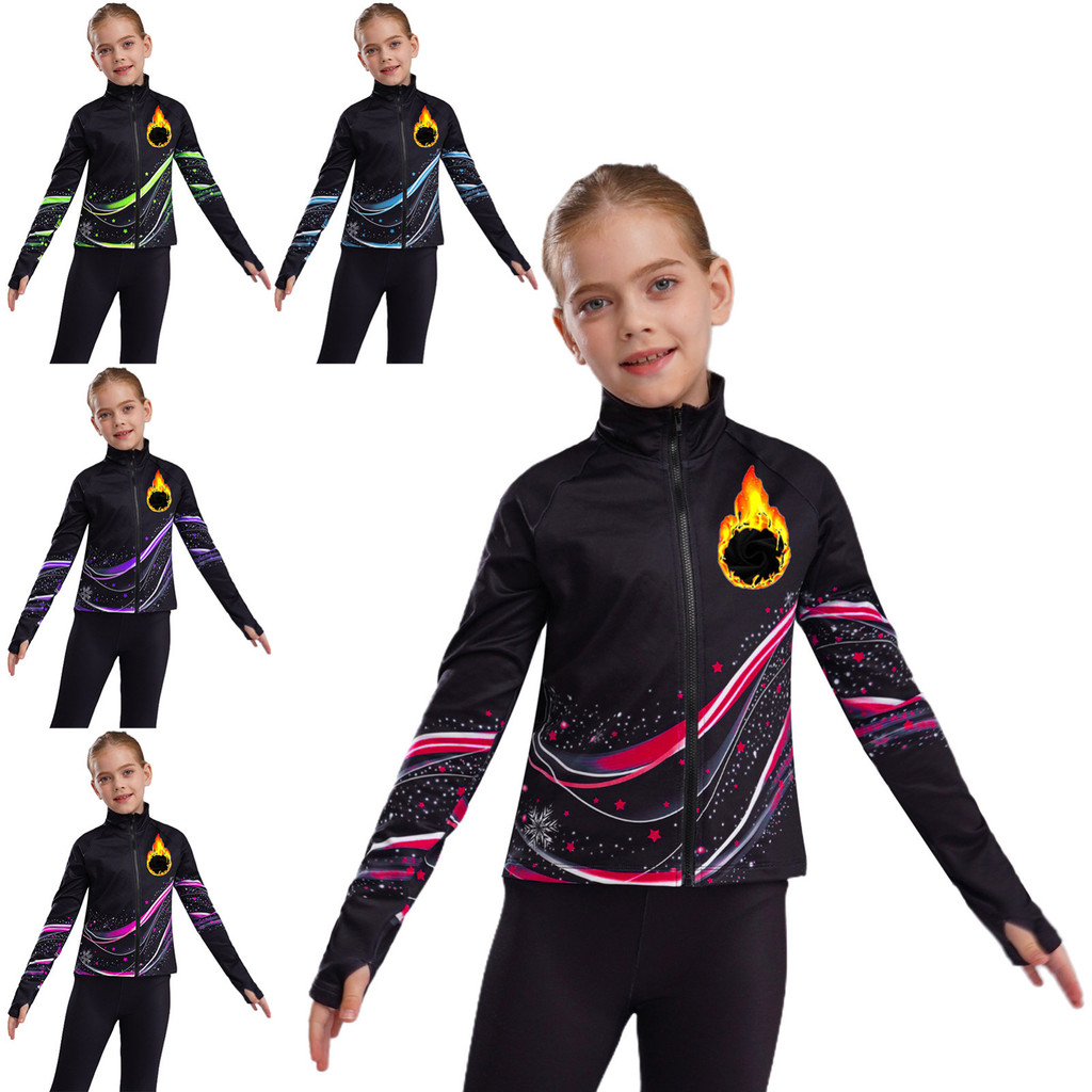 inlzdz Kids Girls Figure Skating Costume Stand Collar Long Sleeve ...
