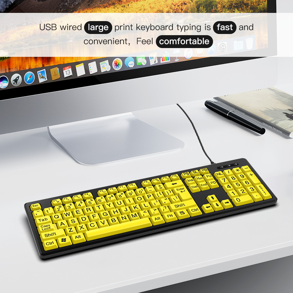 Yellow Wired Keyboard USB Large Font Bold Desktop Laptop Student ...