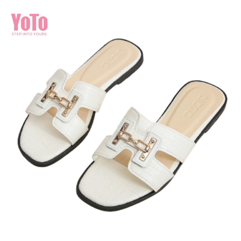 YOTO Women's Open Toe Flat Slide Sandals Fashion H-Strap with Metal ...