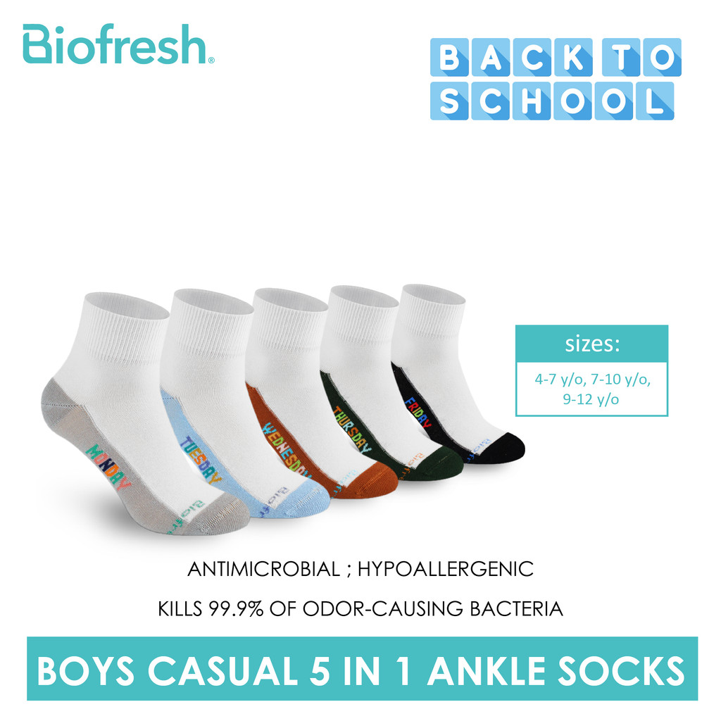 Biofresh Boys’ Antimicrobial Cotton Lite Casual Ankle Socks 5 pairs in ...