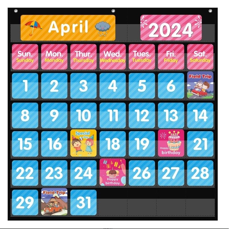 GG+Large 44 Pockets Calendar Pocket Chart for Classroom Monthly ...