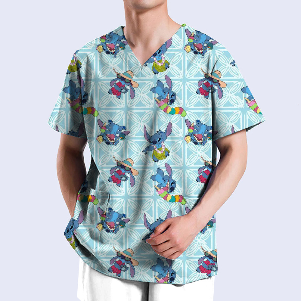 Disney Stitch Print Hospital Nursing Surgery Scrubs Tops men Short ...