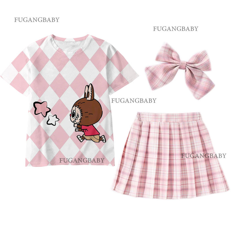 Terno for Kids Girl Pink Plaid Pleated Skirt with Bow Tie Princess Labubu Tshirt Girls Jk ...