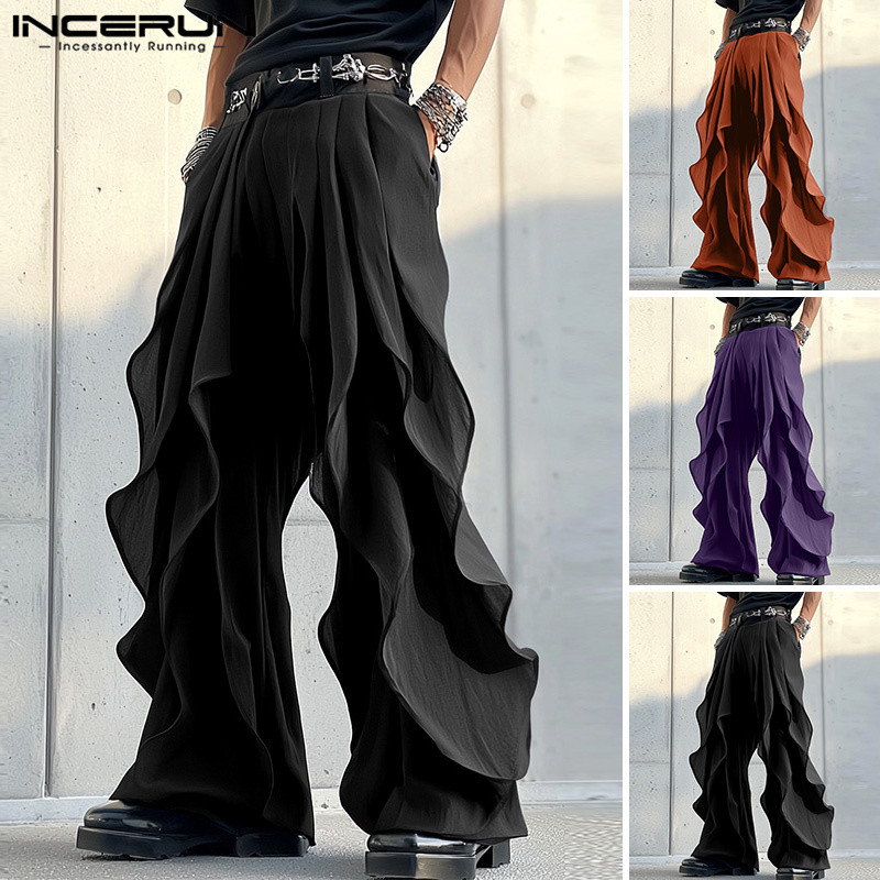 INCERUN Men Vintage Fashion Structured Ruffles Casual Solid Color Long ...