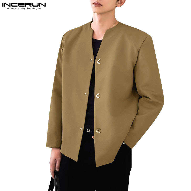 INCERUN men's design style snap button solid color collarless long ...