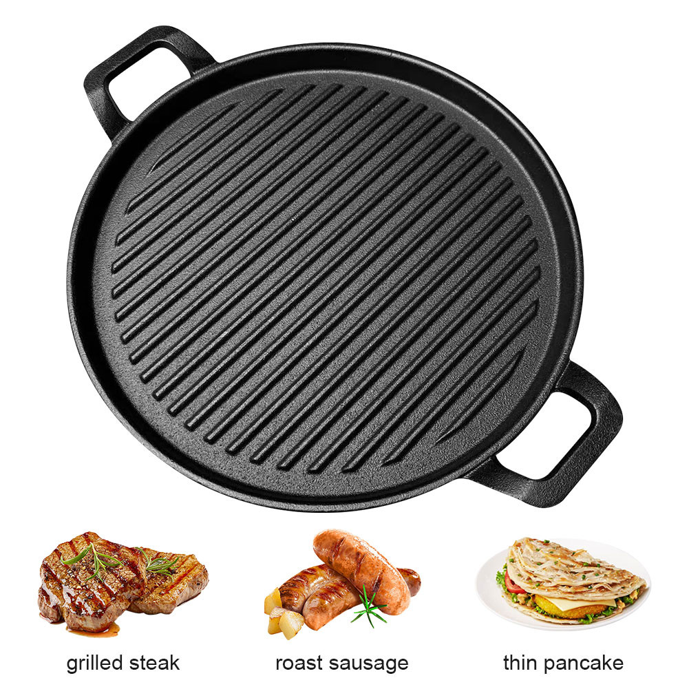 Cast Iron Grill Plate Flat & Ridged Skillet Pan with Handles for ...