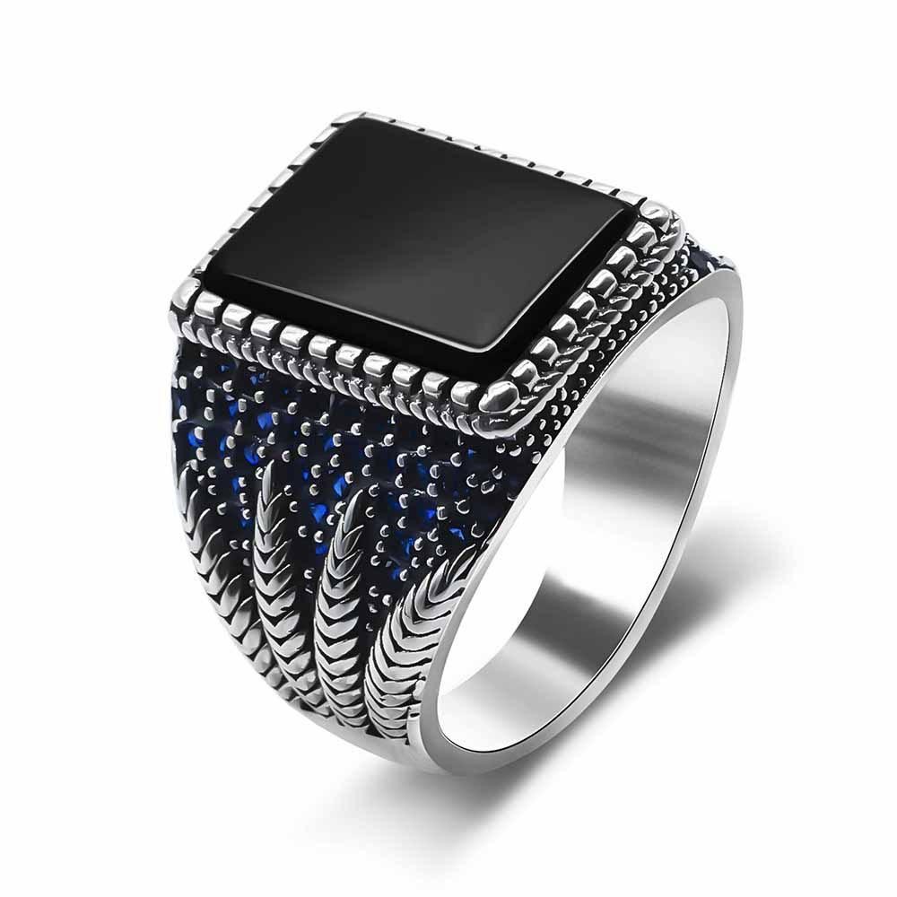 Silver Male Crystal Wedding Ring Square Red Black Stone Handmade ...