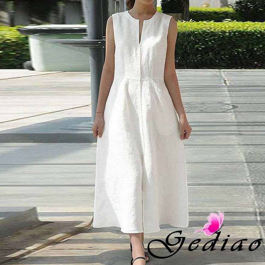 Youth-Women Long Dress Solid Color V-Neck Waistband Sleeveless Dress ...