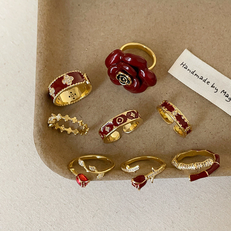 Red Flower Open Ring Female Retro Elegant Fashion | Shopee Philippines