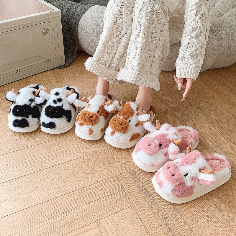 Winter Cartoon Cow Cotton Slippers Indoor Outdoor Slippers For Women Men Fuzzy Lovely Cow Slides ...
