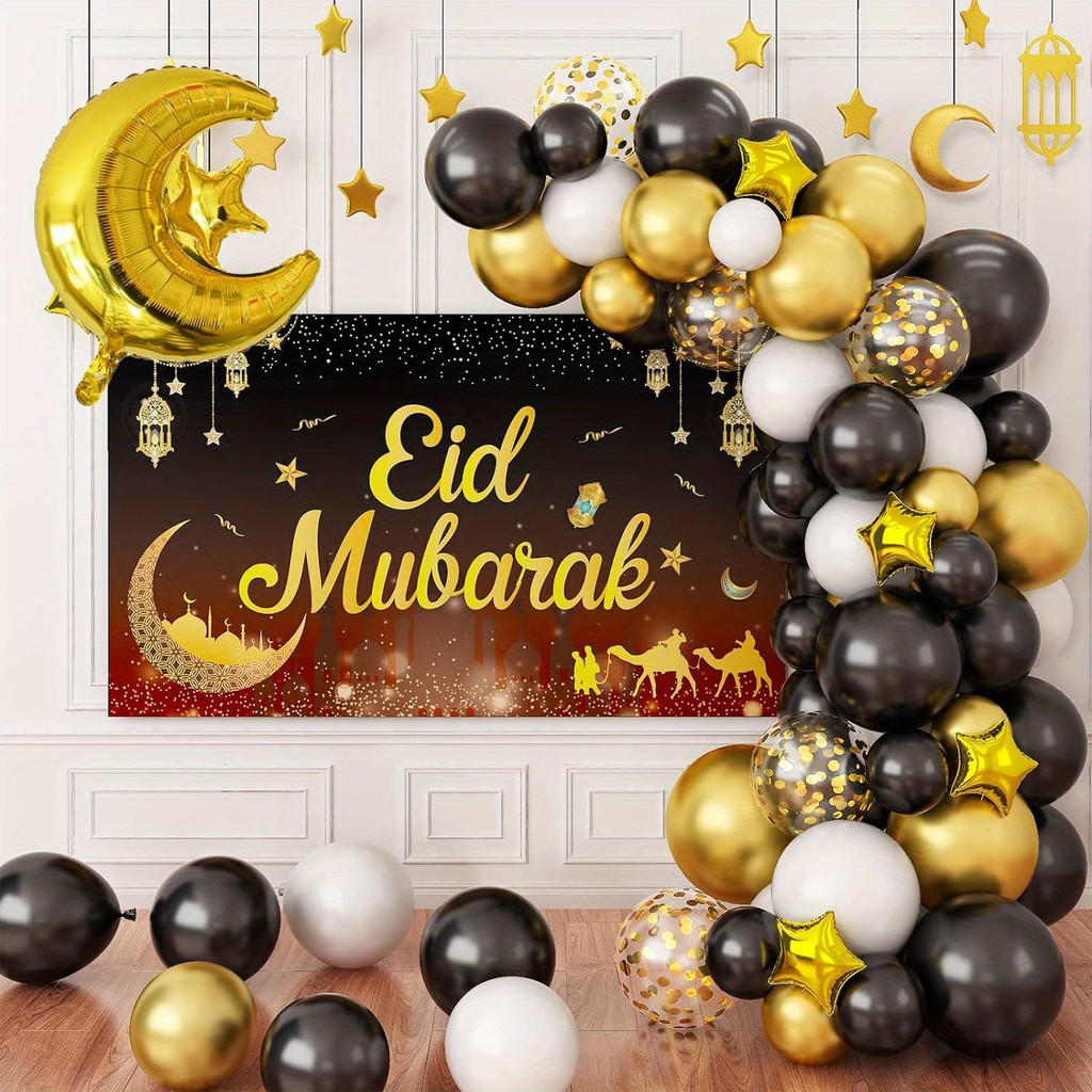 Eid Mubarak Balloon Arch, Black White Gold Ramadan Mubarak Balloon ...