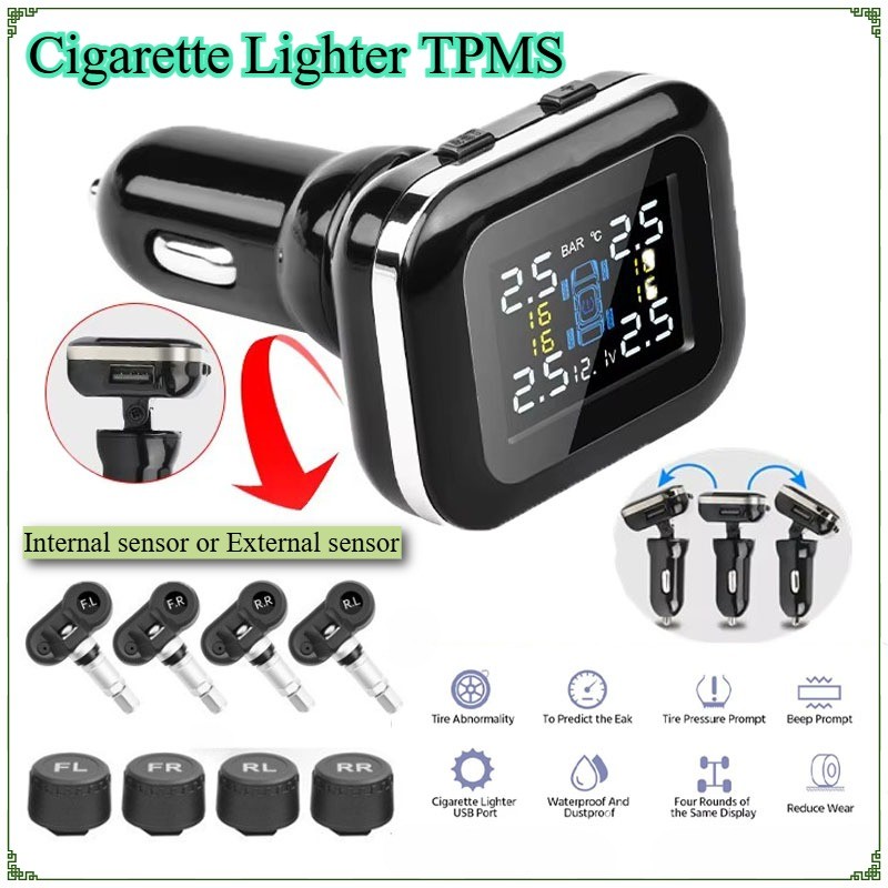 Car Rotatable Multifunction TPMS Tire Pressure Monitoring System Sensors Cigarette Lighter USB ...