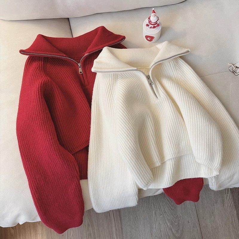 Red Plain Sweater Thickened Knit Autumn Winter New Zip Lapel Sweater ...