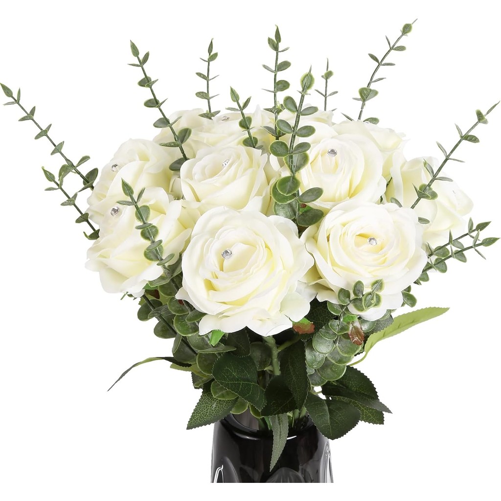 14pcs/set White Roses Artificial Flowers With Crystal Fake Eucalyptus ...