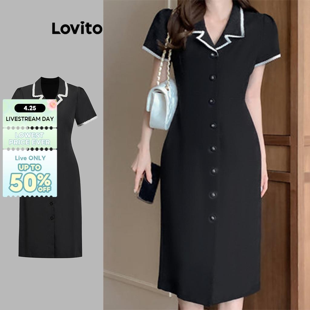 Lovito Women Elegant Plain Button Contrast Binding Dress L104ED692 ...