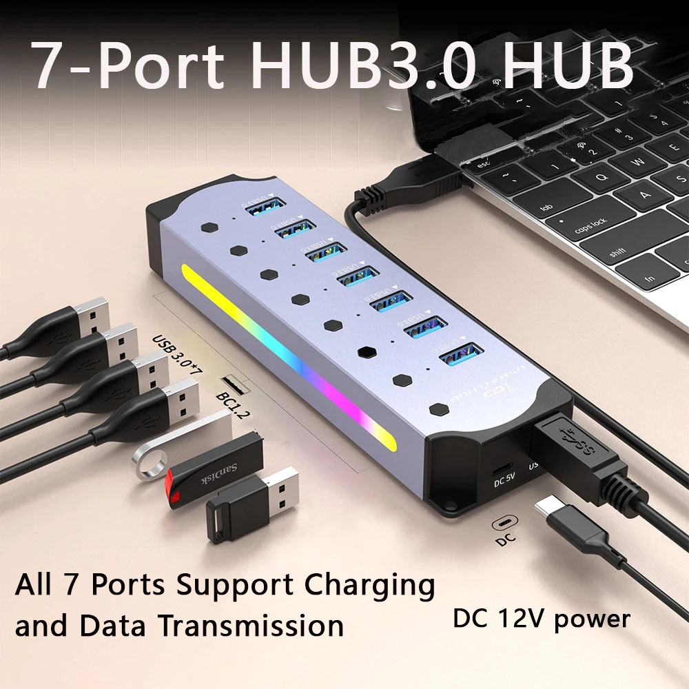 USB 3.0 Hub 4-Port 7-Port 10-Port RGB Hub with LED Button Switch 5Gbps ...