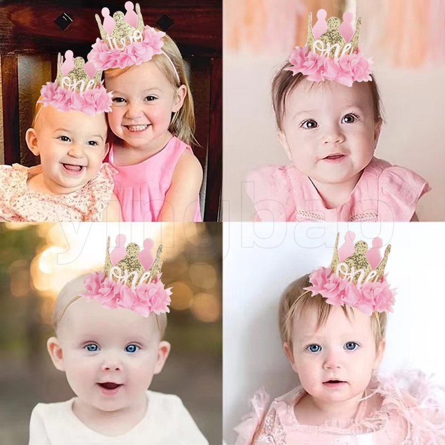 Pink One Birthday Crown Baby One Year Old Birthday Cheer First Birthday ...