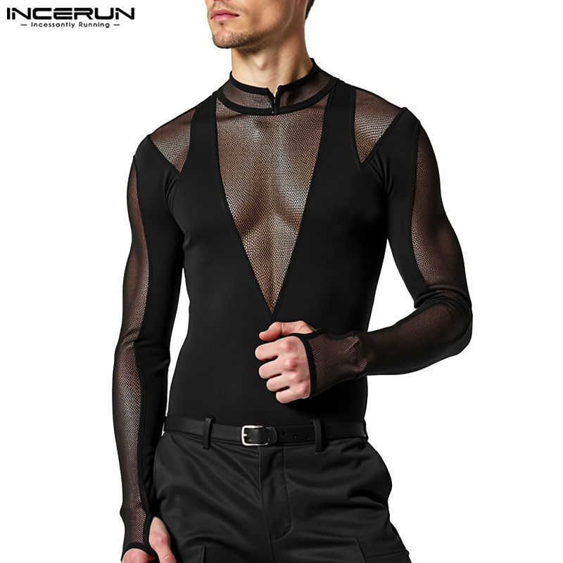 INCERUN Men Vintage Mesh Splicing Design Tight Stand-Up Collar Long ...