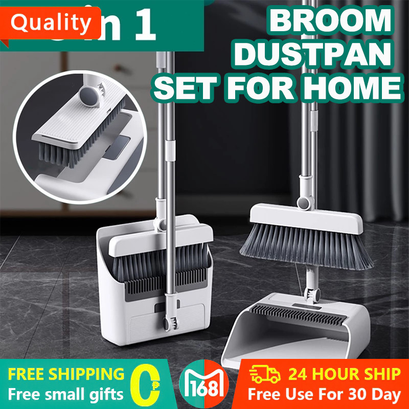 3 in 1Household Broom and Dustpan Set Inch Long Handle Broom with Stand Dustpan Combination Set ...