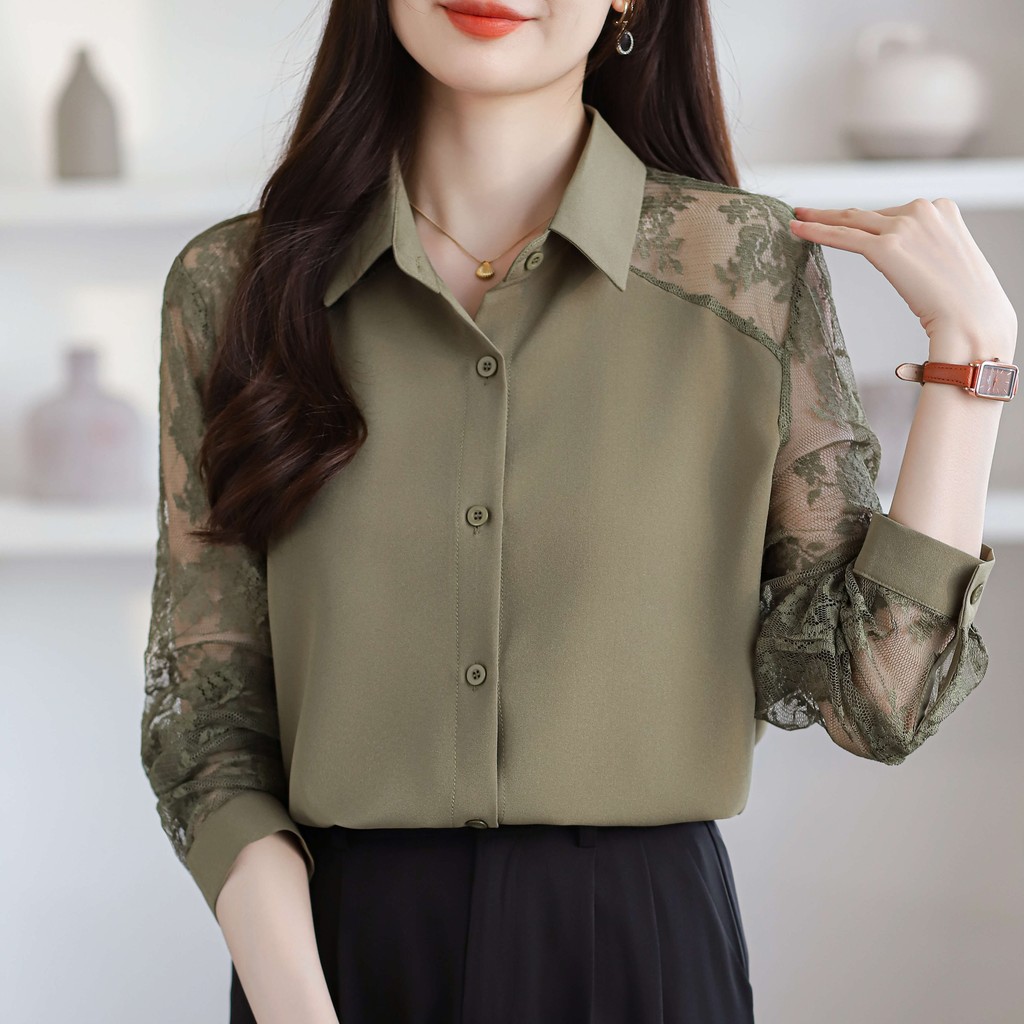 Brown Collection Women's Long Sleeve Lace Chiffon Blouse Loose Plus ...