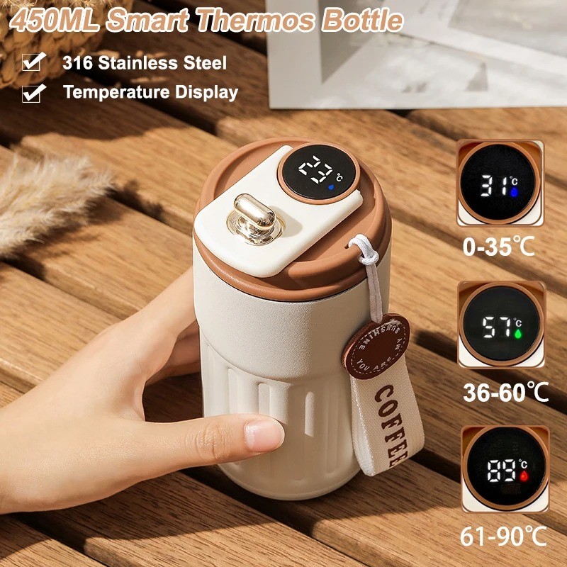 450ML Smart Thermos Bottle LED Temperature Display Coffee Cup 316 Stainless Steel Vacuum Mug ...