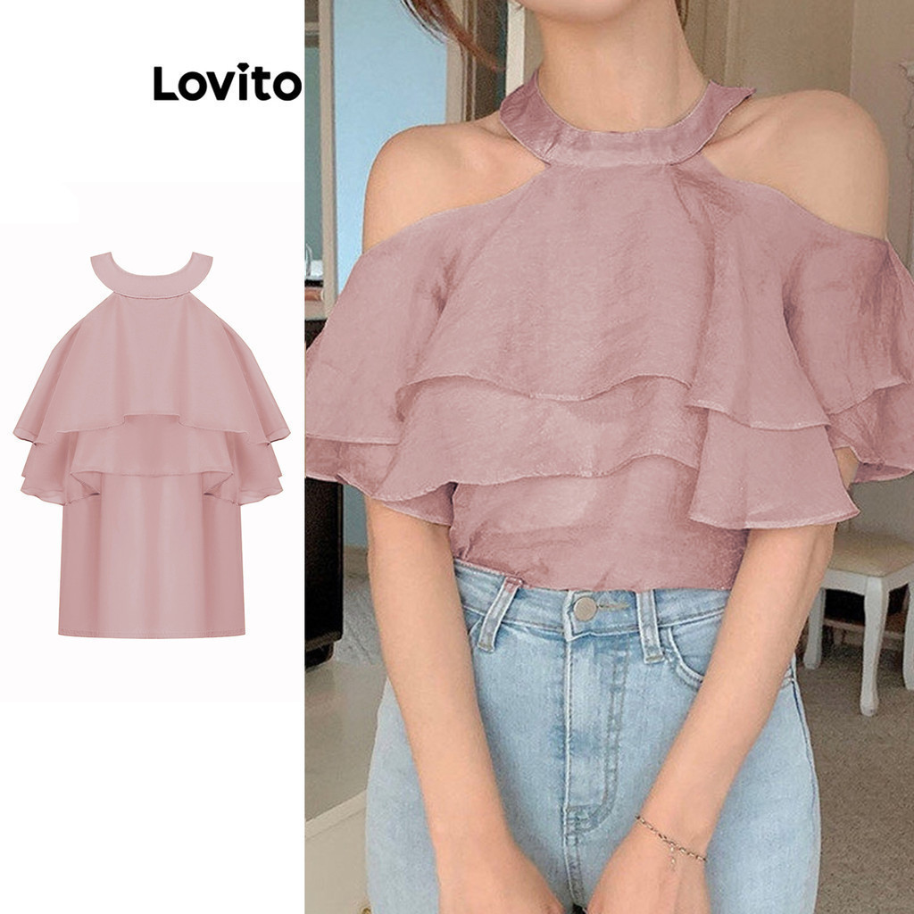 Lovito Women Cute Blouse Plain Cold Shoulder Ruffle Blouse L82AD178 ...